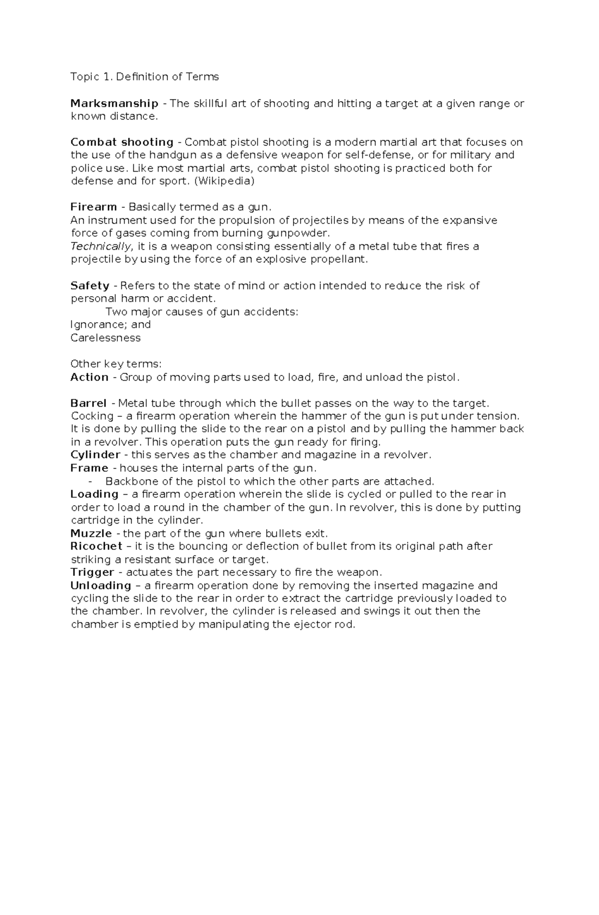 Marksmanship PE 4: Key Terms and Firearm Classifications - Studocu