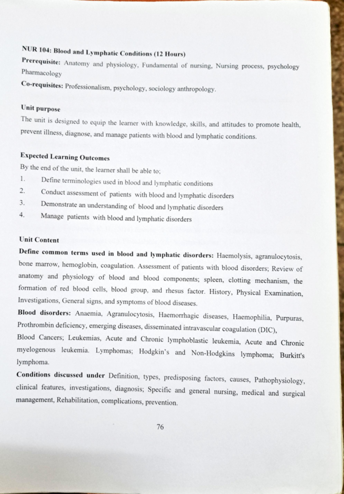NUR 104: Blood and Lymphatic Conditions Course Outline & Learning Goals ...
