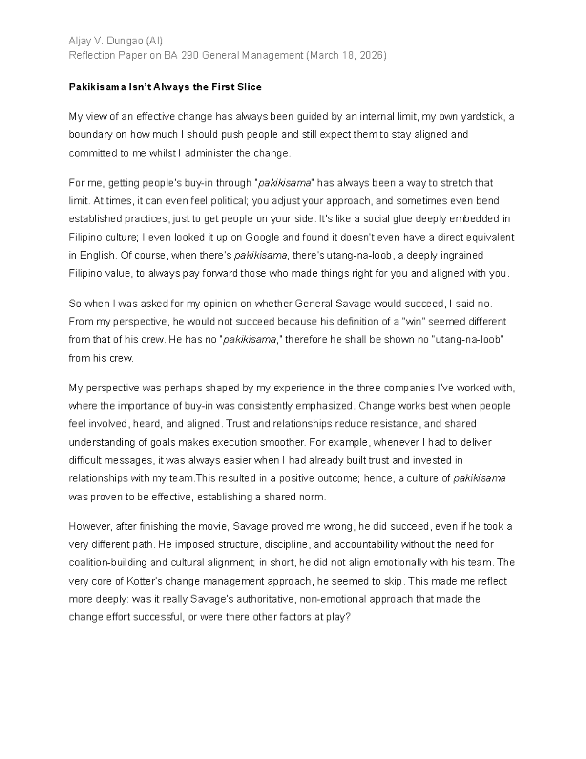 Reflection Paper on BA 290: Change Management Insights - Studocu