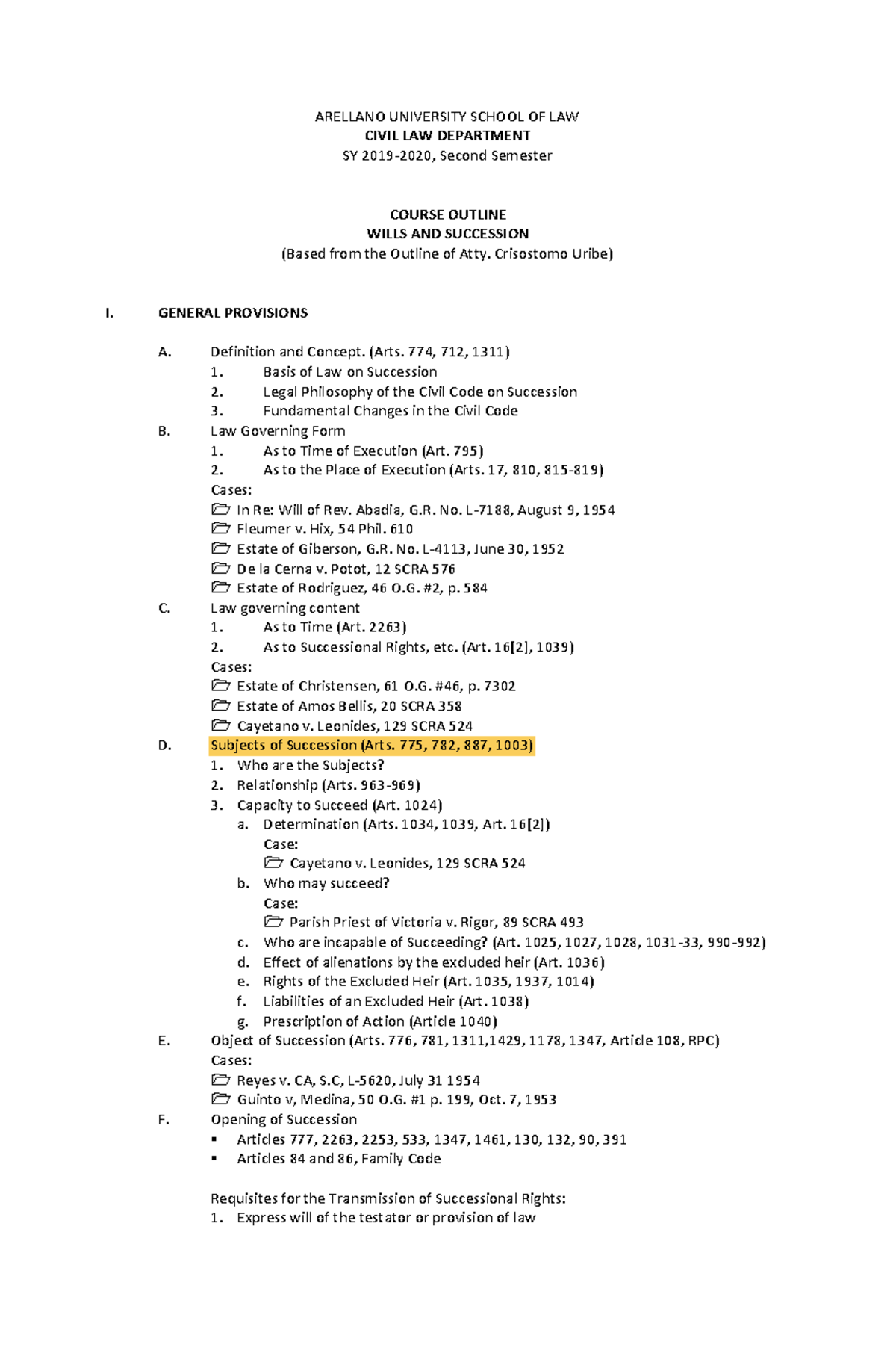 WILL & SUCCESSION OUTLINE (CIVIL LAW 2019-2020) - Studocu