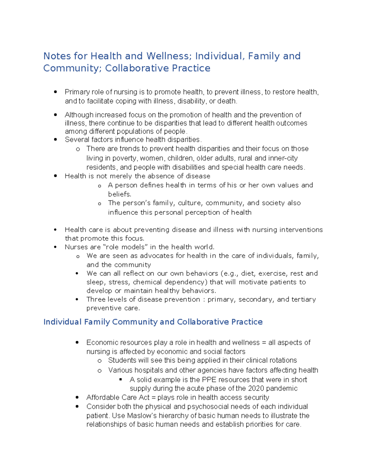 Health & Wellness Notes: Individual, Family, Community & Collaboration ...