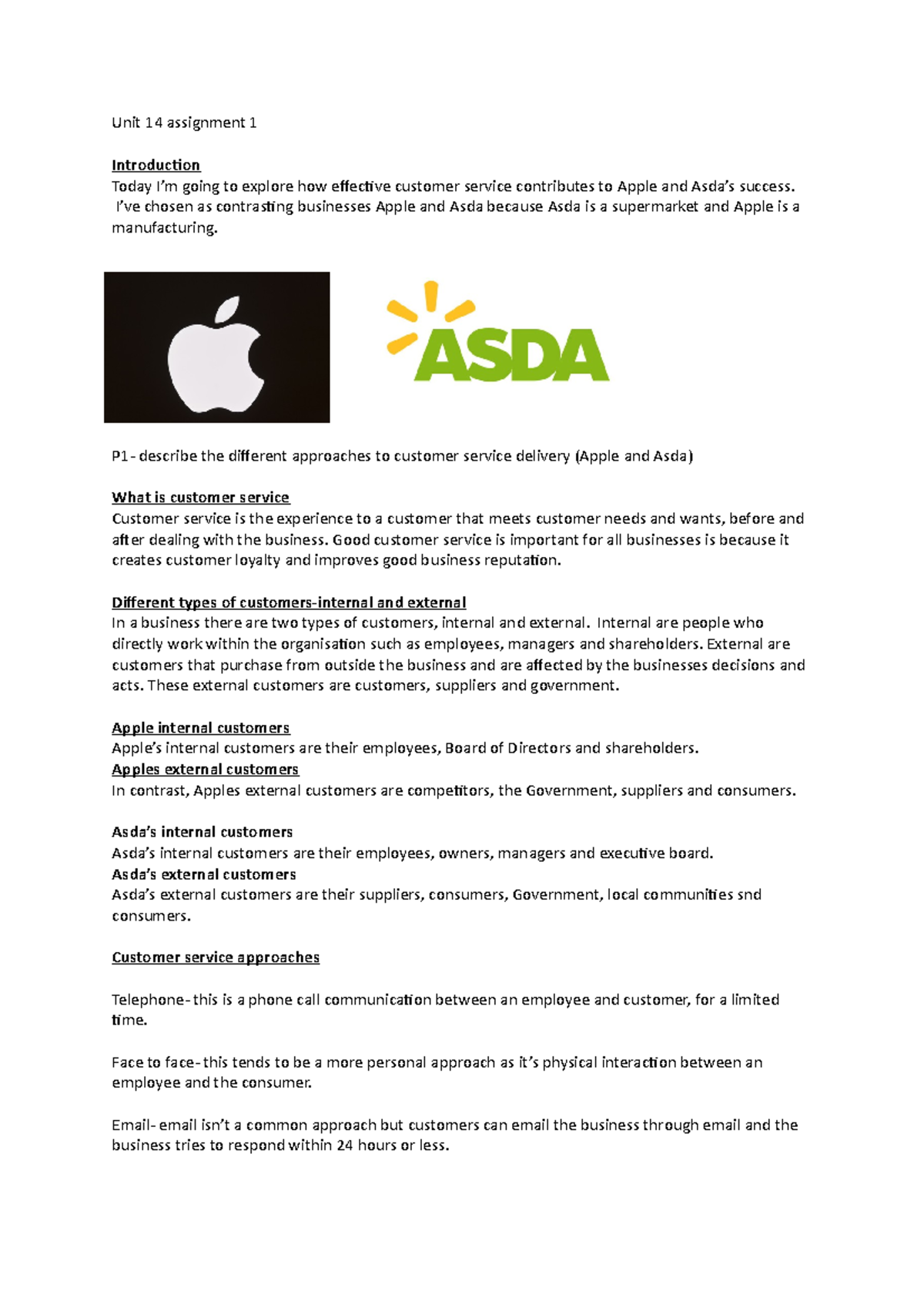 Unit 14 Assignment 1: Customer Service in Apple and Asda Analysis - Studocu