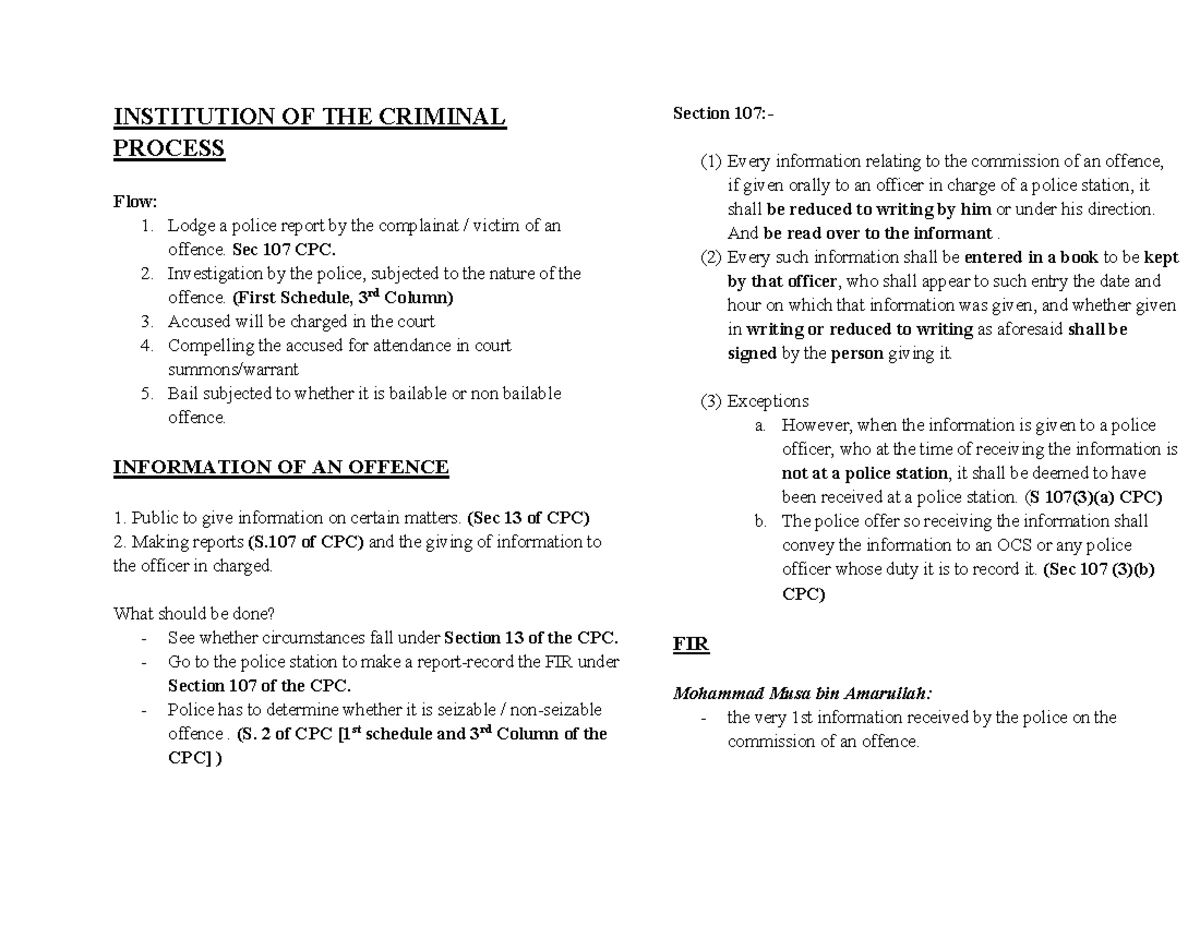 CPC 619336309: Overview of Criminal Process & FIR Procedures - Studocu
