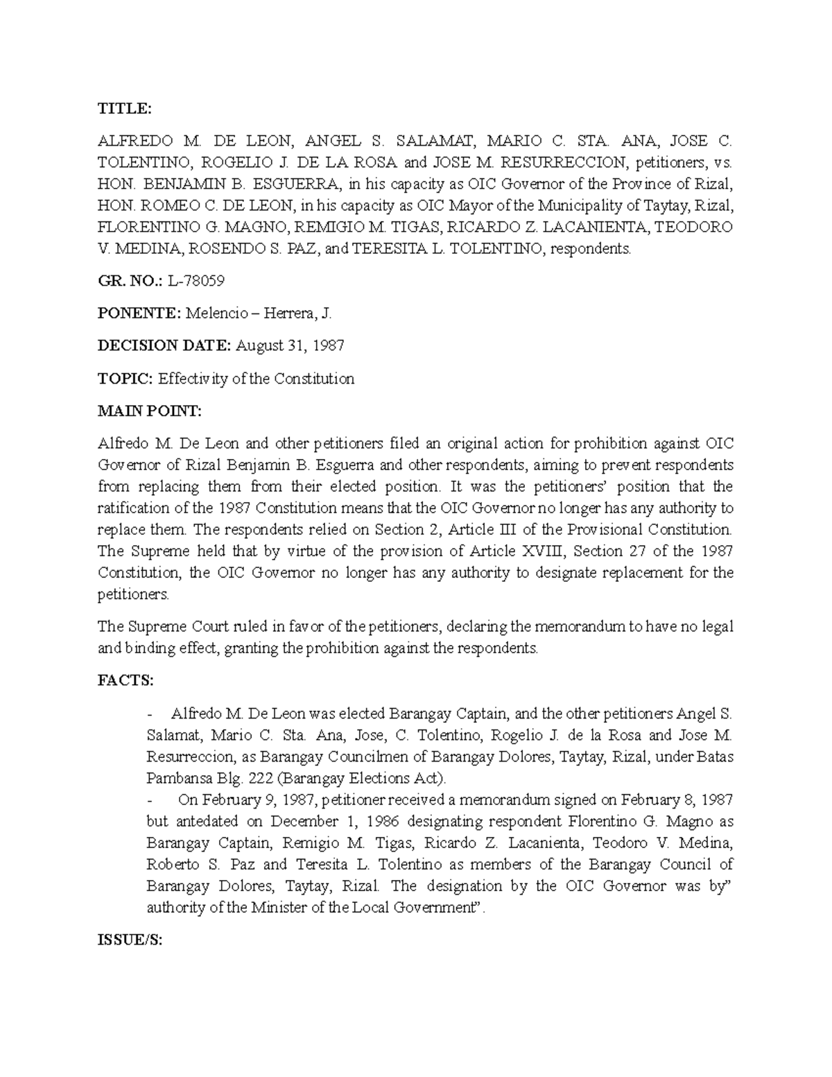 G.R. No. L-78059: De Leon vs. Esguerra - Constitution Effectivity ...