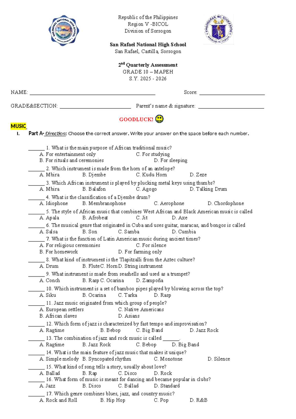 QE 2nd Q Assessment G10 MAPEH S.Y. 2025-2026 - Studocu