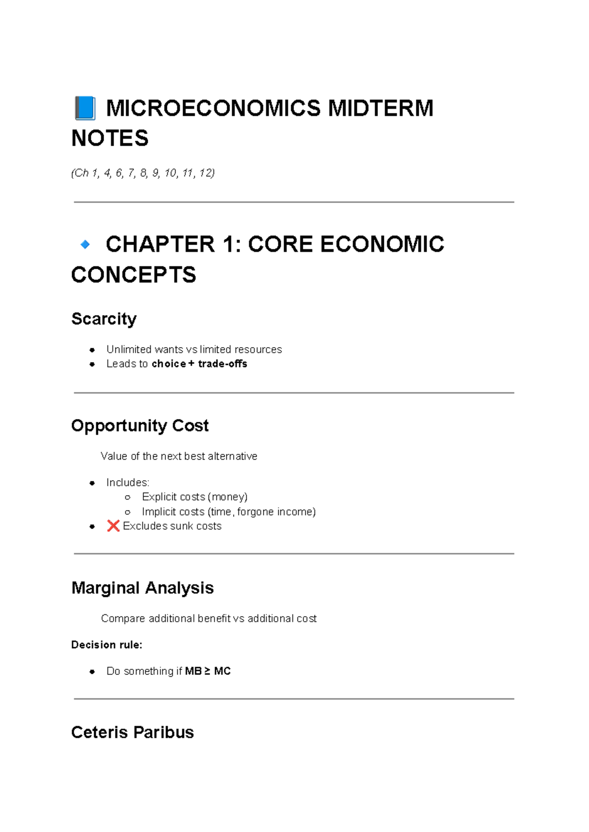 MICROECONOMICS MIDTERM NOTES (Ch 1, 4, 6-12) Cheat Sheet - Studocu