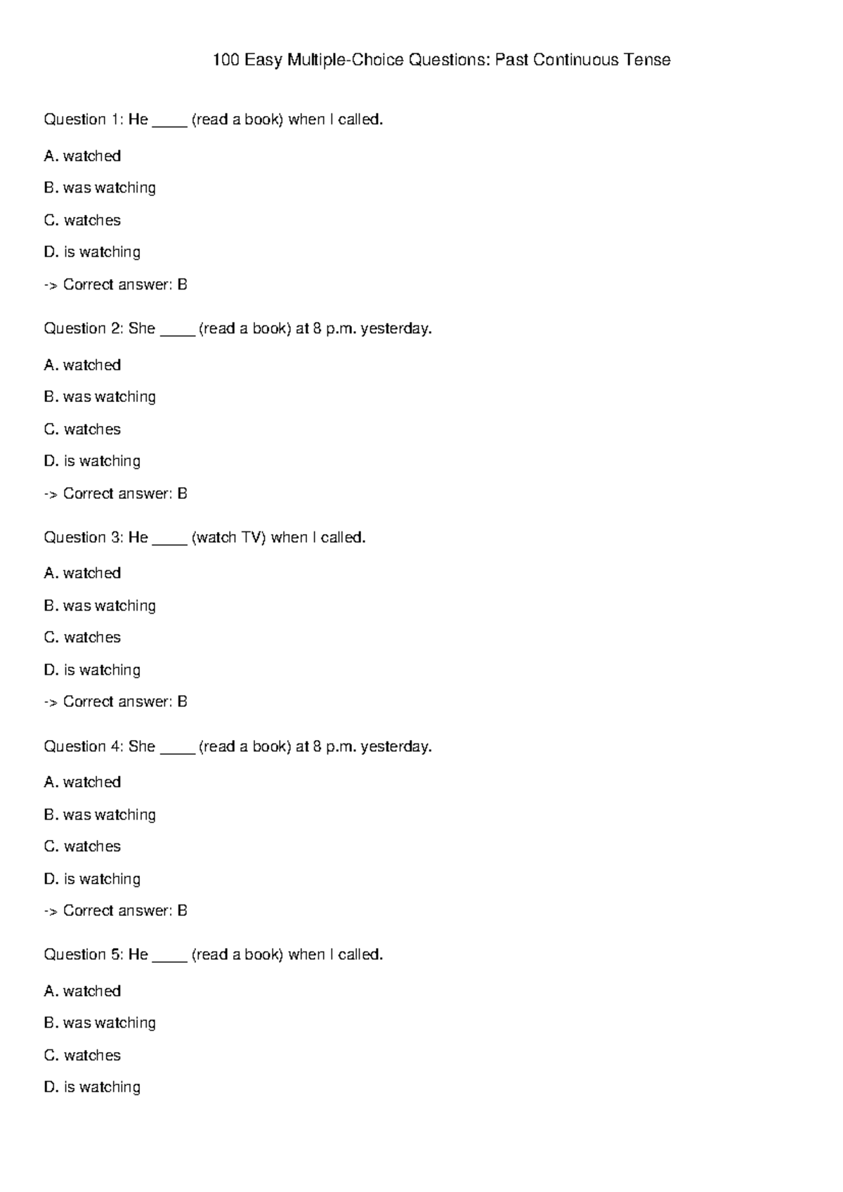 Past Continuous Tense Exercises: 100 Questions for Practice - Studocu