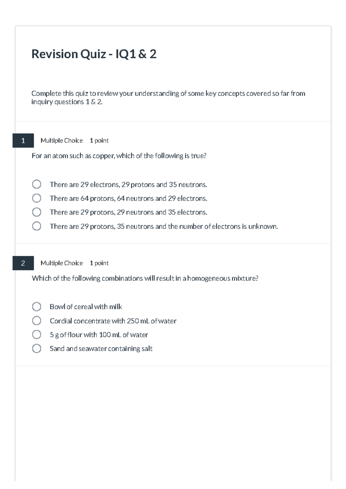 Year 11 Chemistry Module 1 Revision Quiz - IQ1 & IQ2 - Studocu