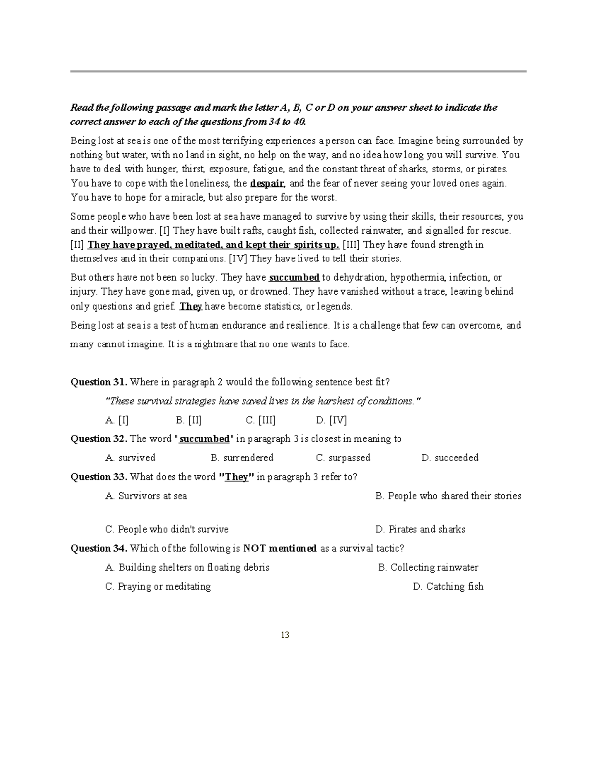 Reading Comprehension Practice: Survival at Sea (Questions 31-34) - Studocu