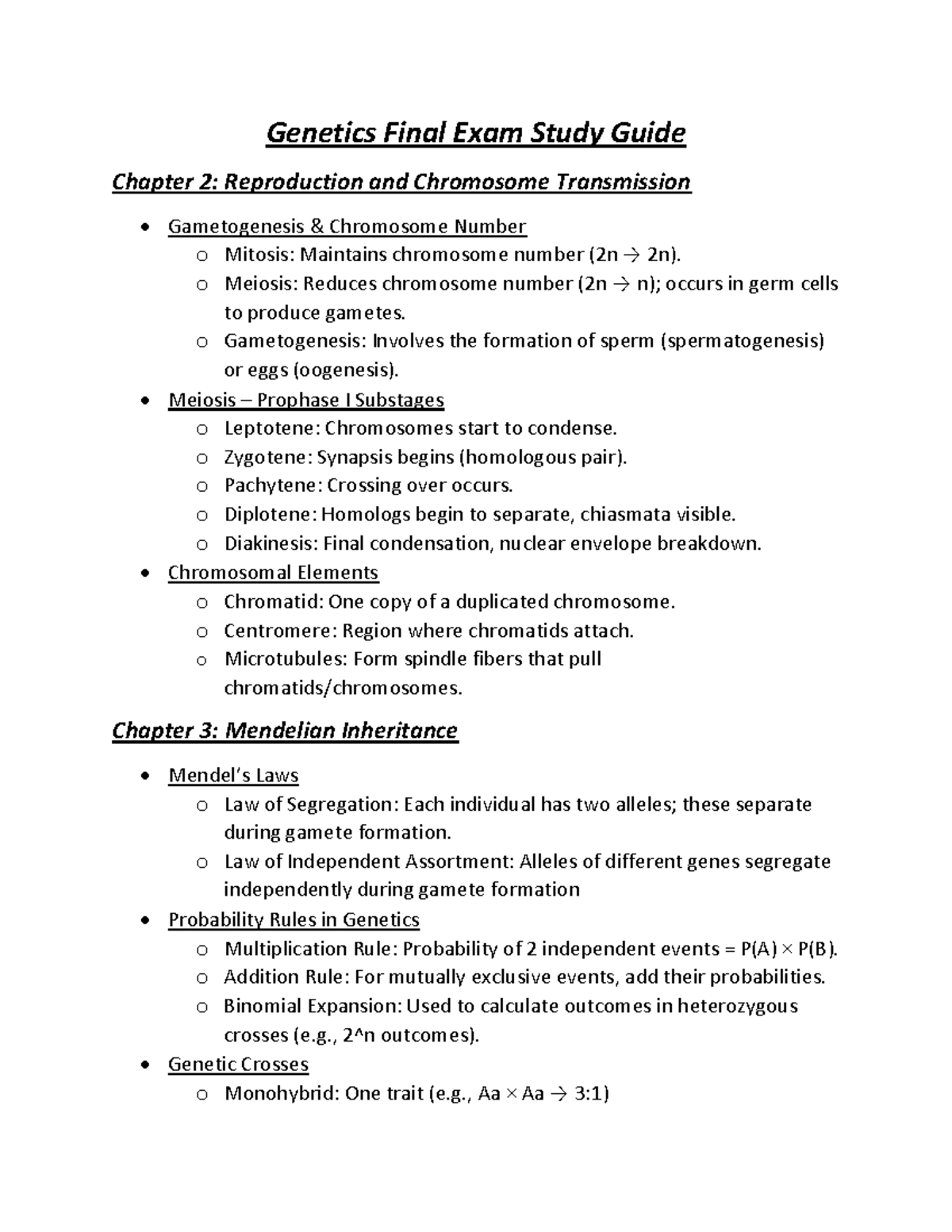 Genetics Final Exam Study Guide: Key Concepts and Chapters Review ...