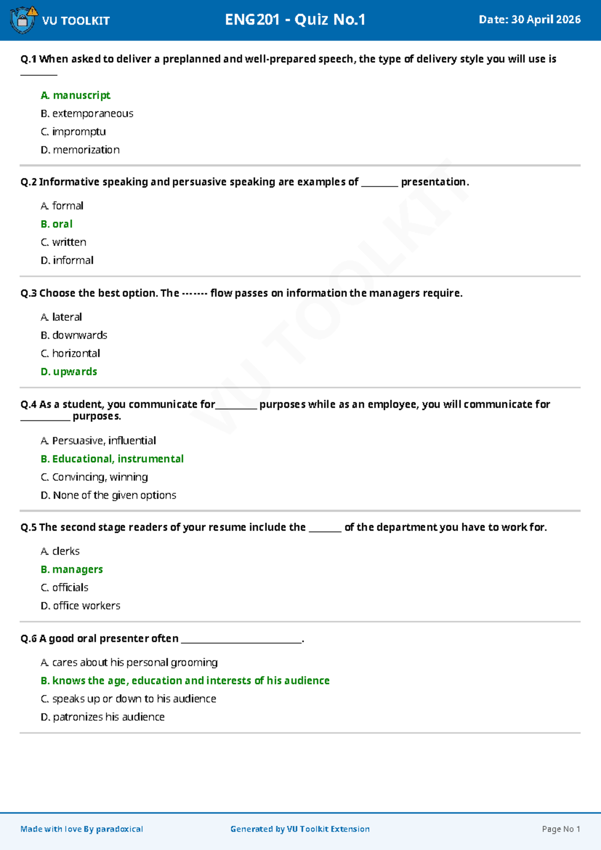 ENG201 Quiz No.1 - VU Toolkit Review and Answers - Studocu