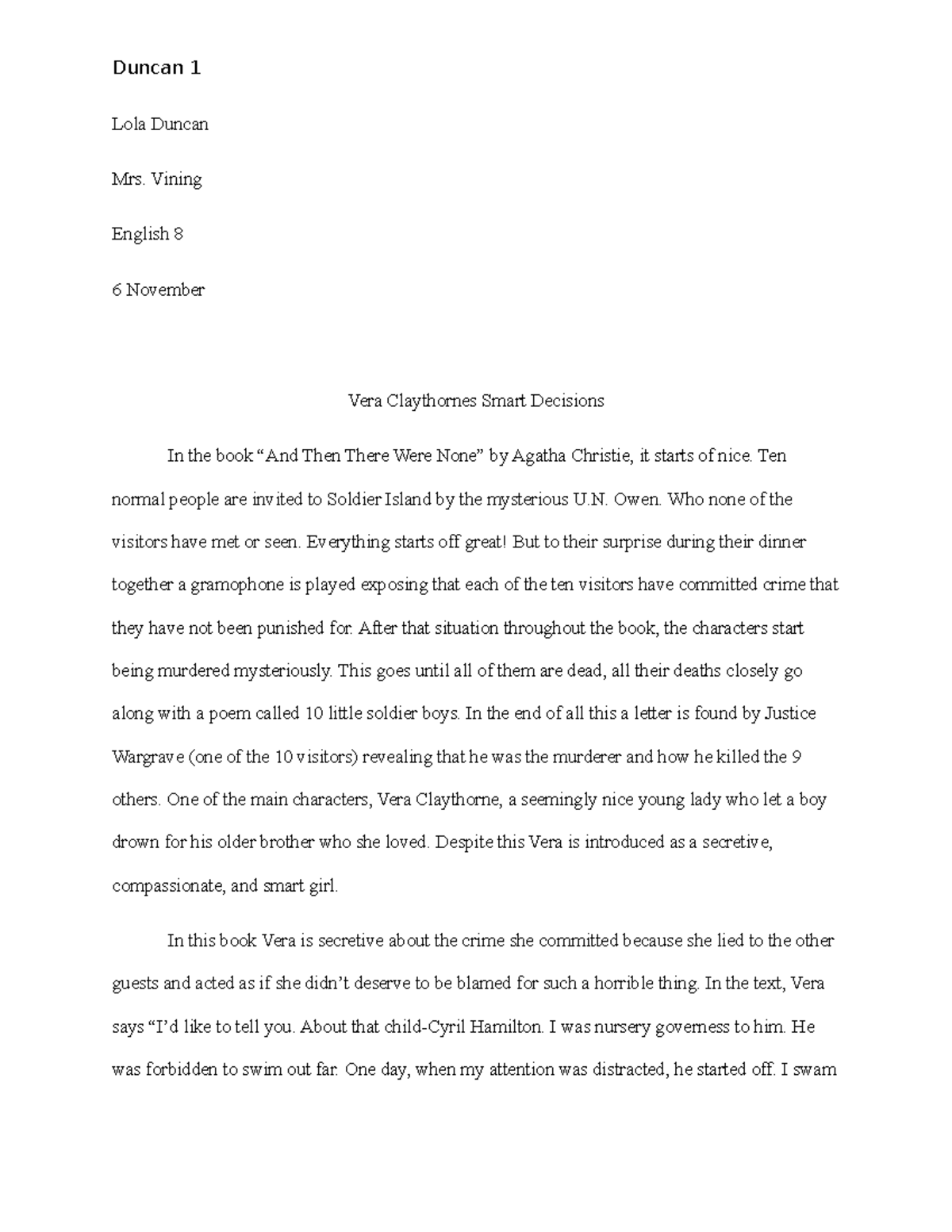 And Then There Were None, Vera Claythorne - Duncan 1 Lola Duncan Mrs ...