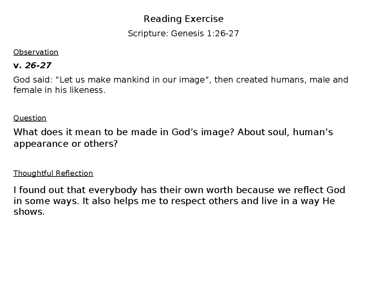 Bible Reading Exercise: Reflection on Genesis and God's Image - Studocu