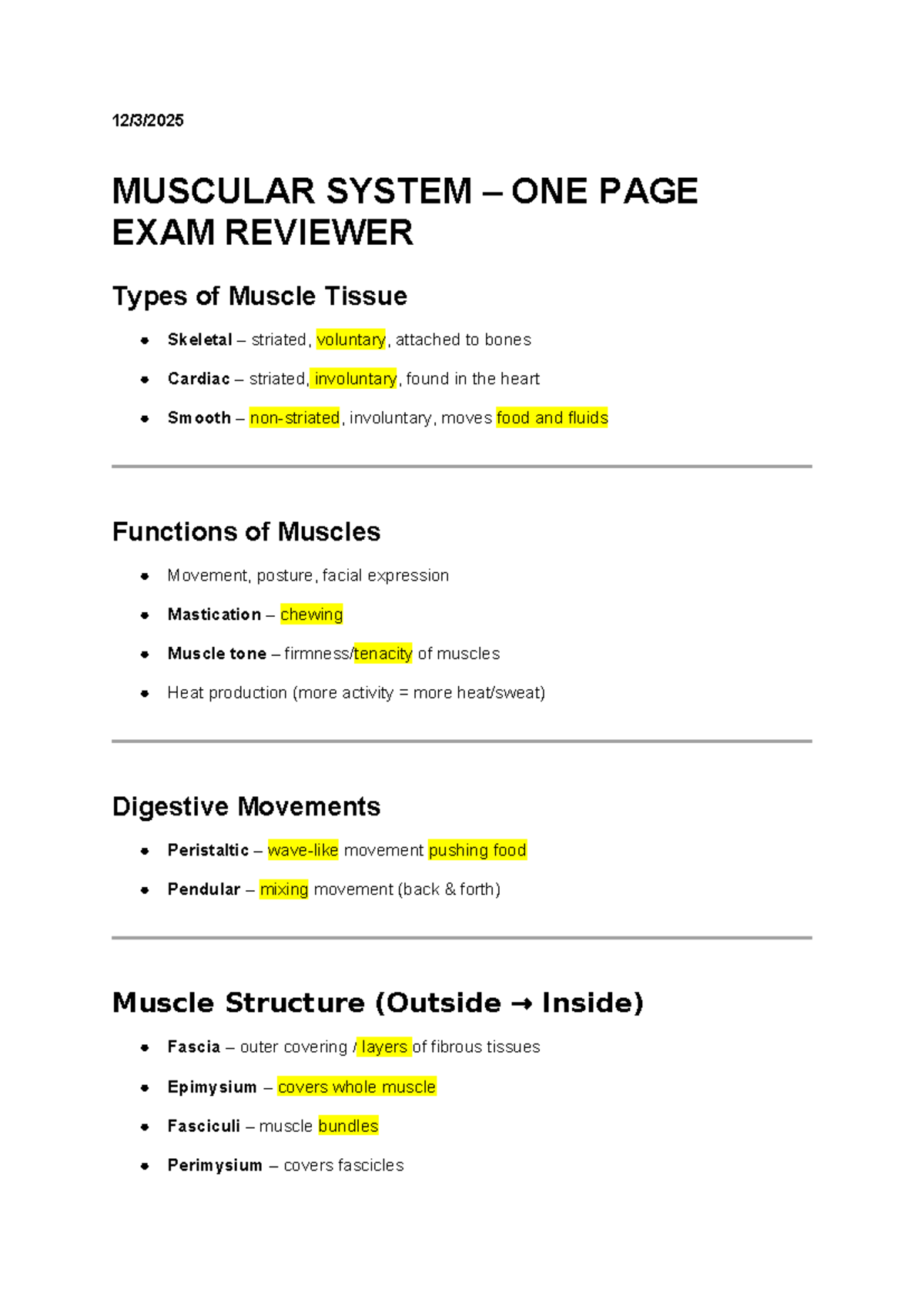 MUSC 101: Muscular System One-Page Exam Reviewer - Studocu