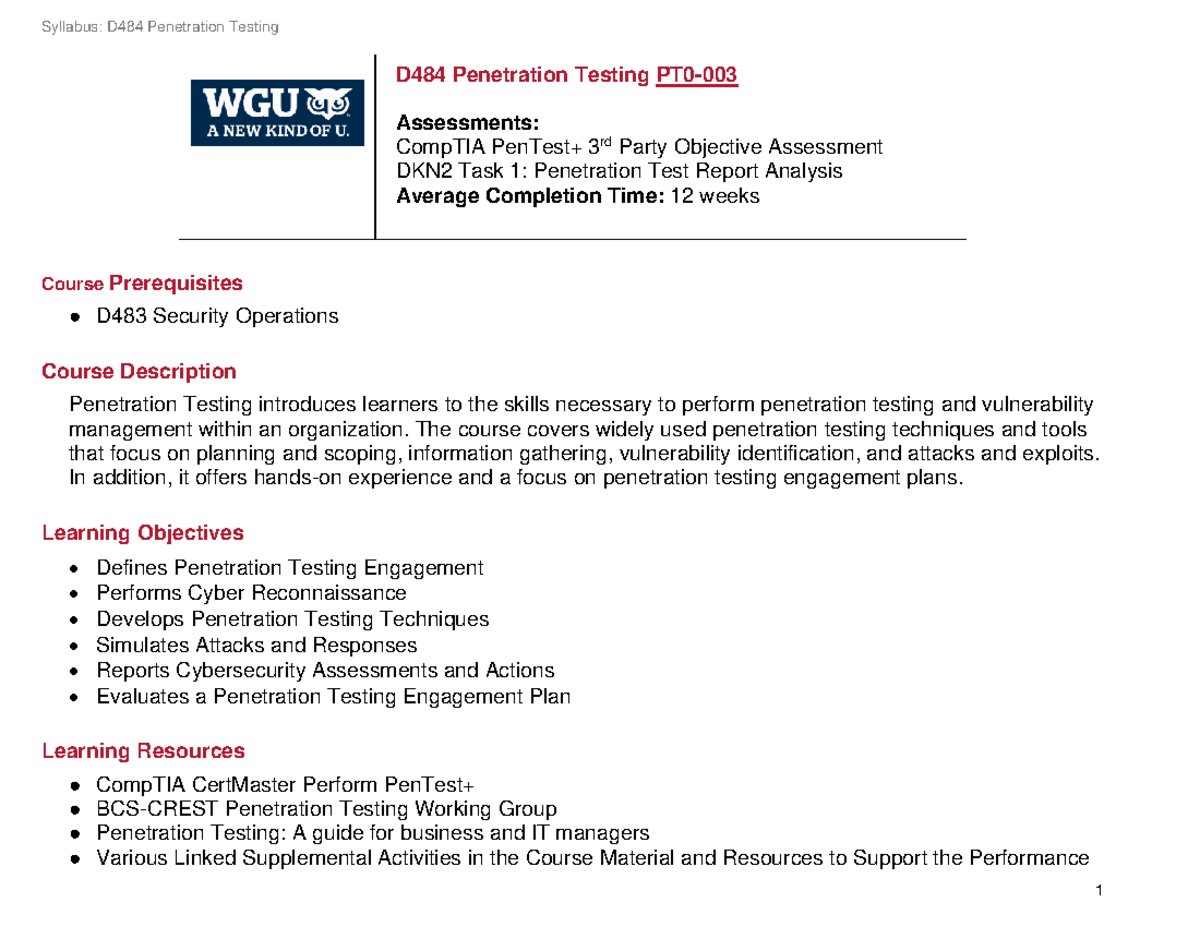 Syllabus: D484 Penetration Testing - Course Overview and Assessments ...