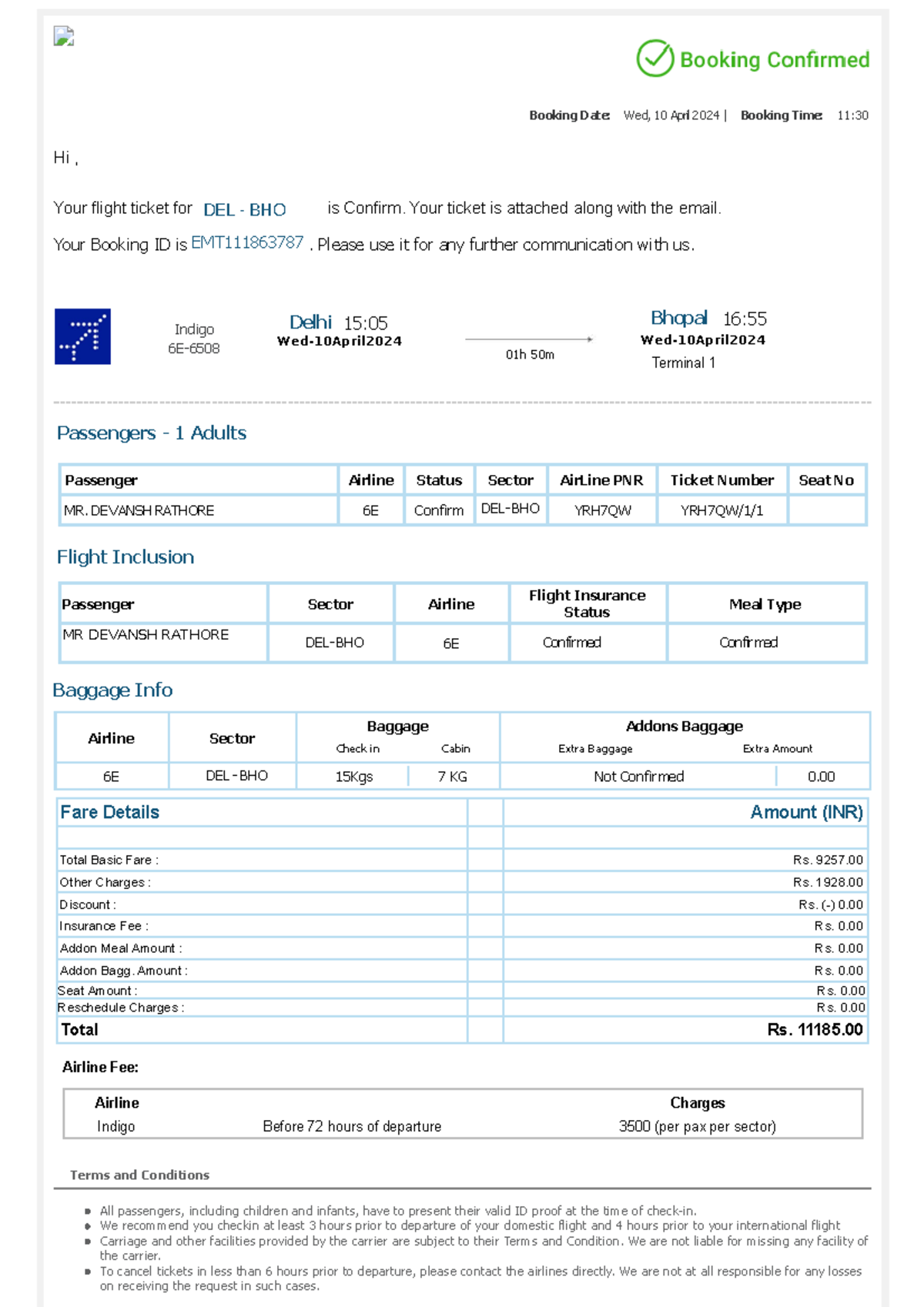 Flight Ticket Confirmation - 6E-6508 for Mr. Devansh Rathore - Studocu