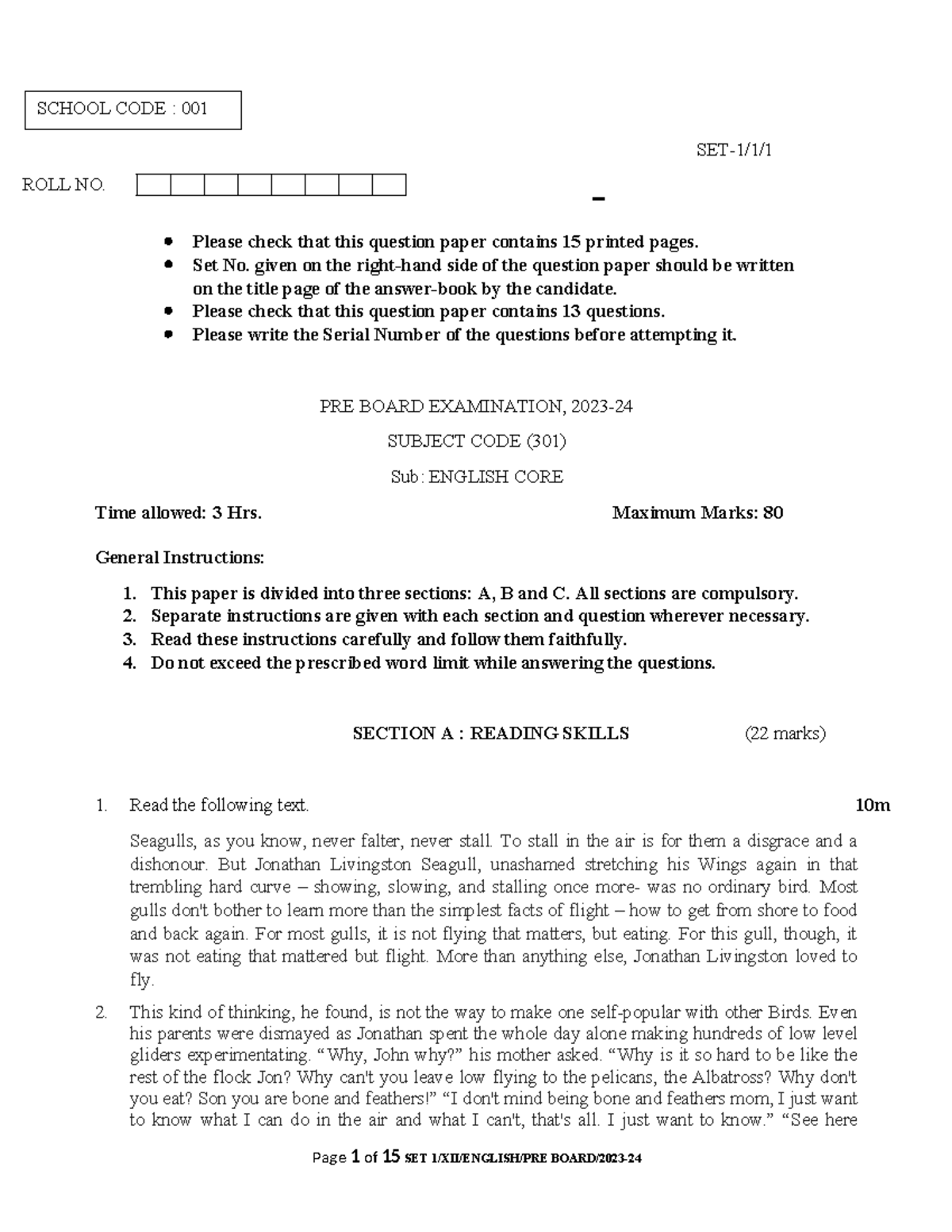 SET-1-EDIT Pre-Board Exam Paper 2023 for English Core (301) - Studocu