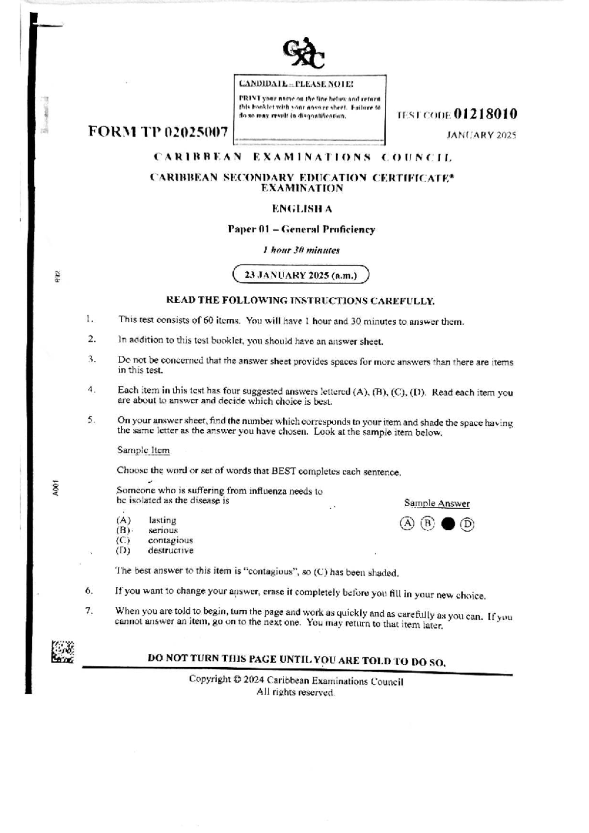 CSEC English A Paper 01 January 2025 Exam Instructions and Items - Studocu