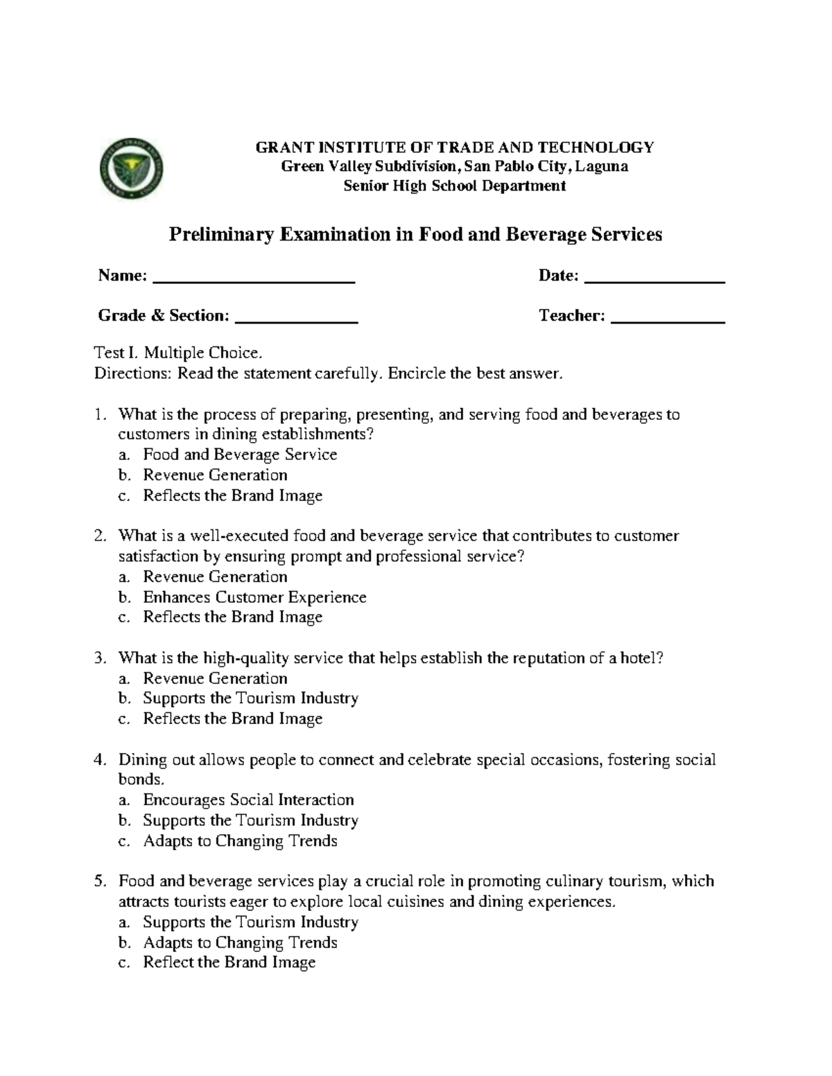 Prelim FBS REAL EXAM - Exam - GRANT INSTITUTE OF TRADE AND TECHNOLOGY ...