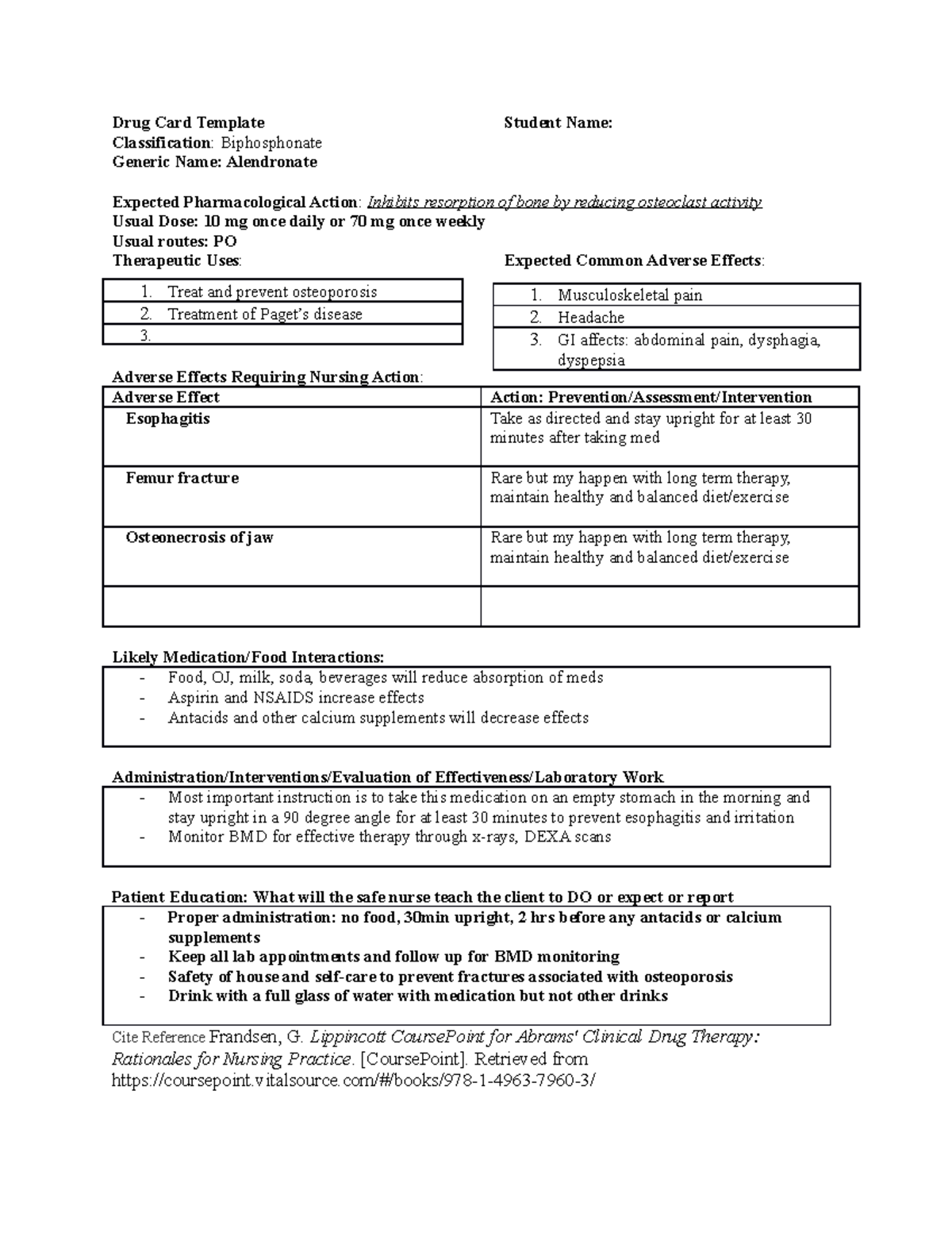 Alendronate Drug Card: Pharmacological Actions & Nursing Considerations ...