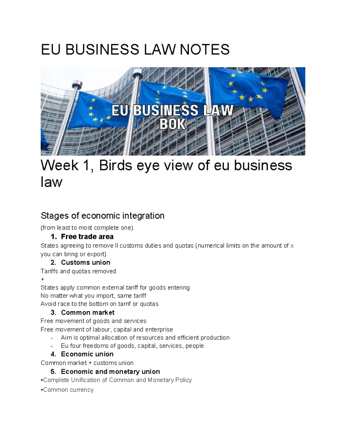 EU BUSINESS LAW NOTES Week 1: Economic Integration Stages and Key ...
