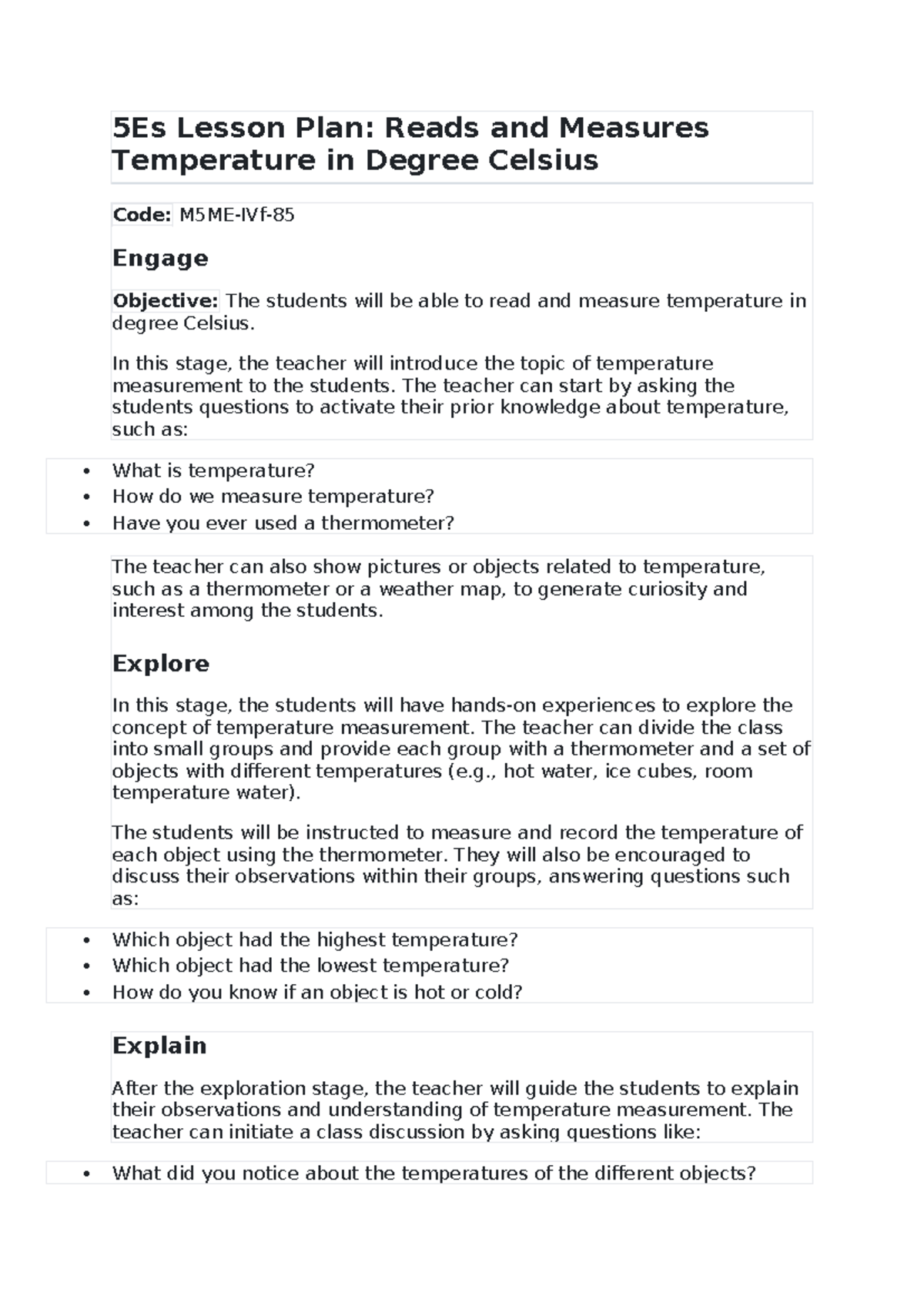 5Es Lesson Plan: Measuring Temperature in °C - Engage & Explore - Studocu