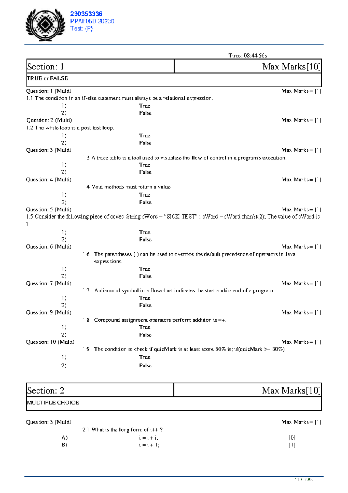 PPAF05D 20230 Test Prep: True/False & Multiple Choice Questions - Studocu