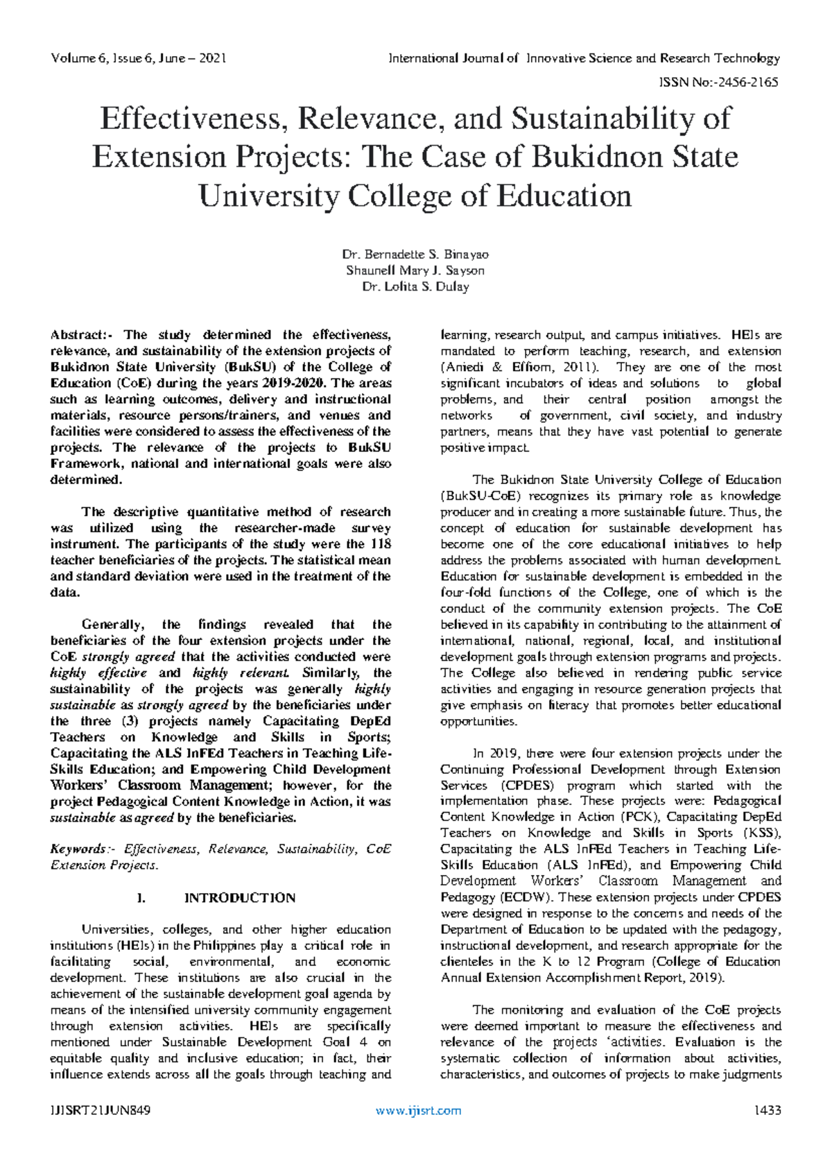 Effectiveness, Relevance, and Sustainability - ISSN No:-2456 ...
