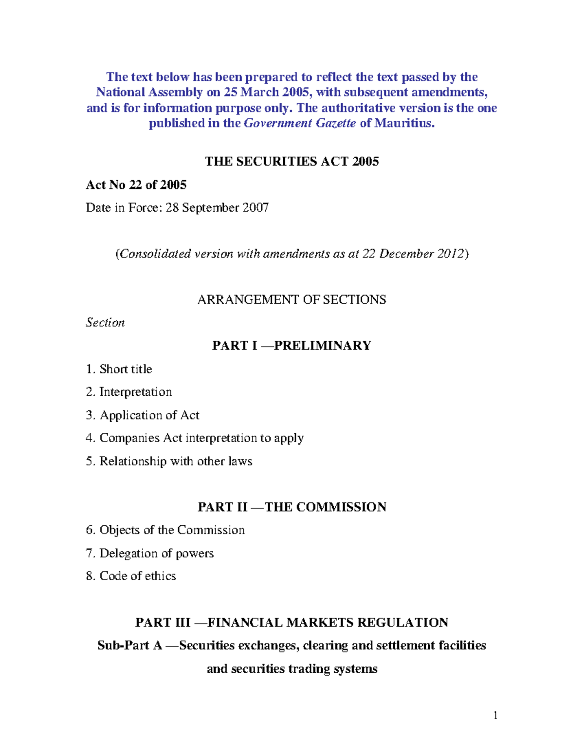 Securities Act 2005: Consolidated Version with Amendments (2013) - Studocu
