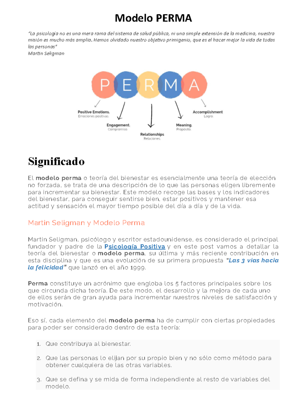 Modelo PERMA: Teoría del Bienestar y Psicología Positiva - Studocu