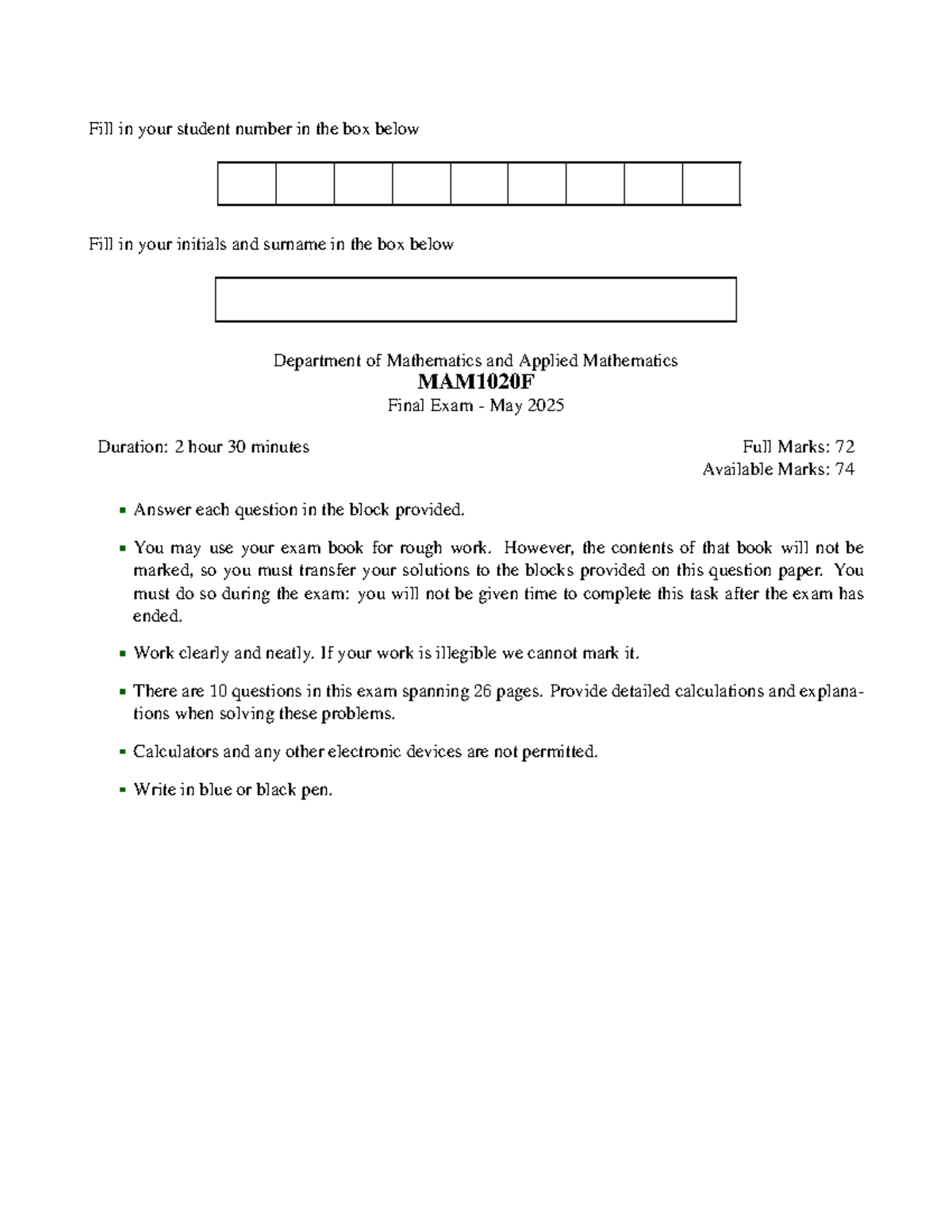 MAM1020F Final Exam Guide - May 2025 - Studocu