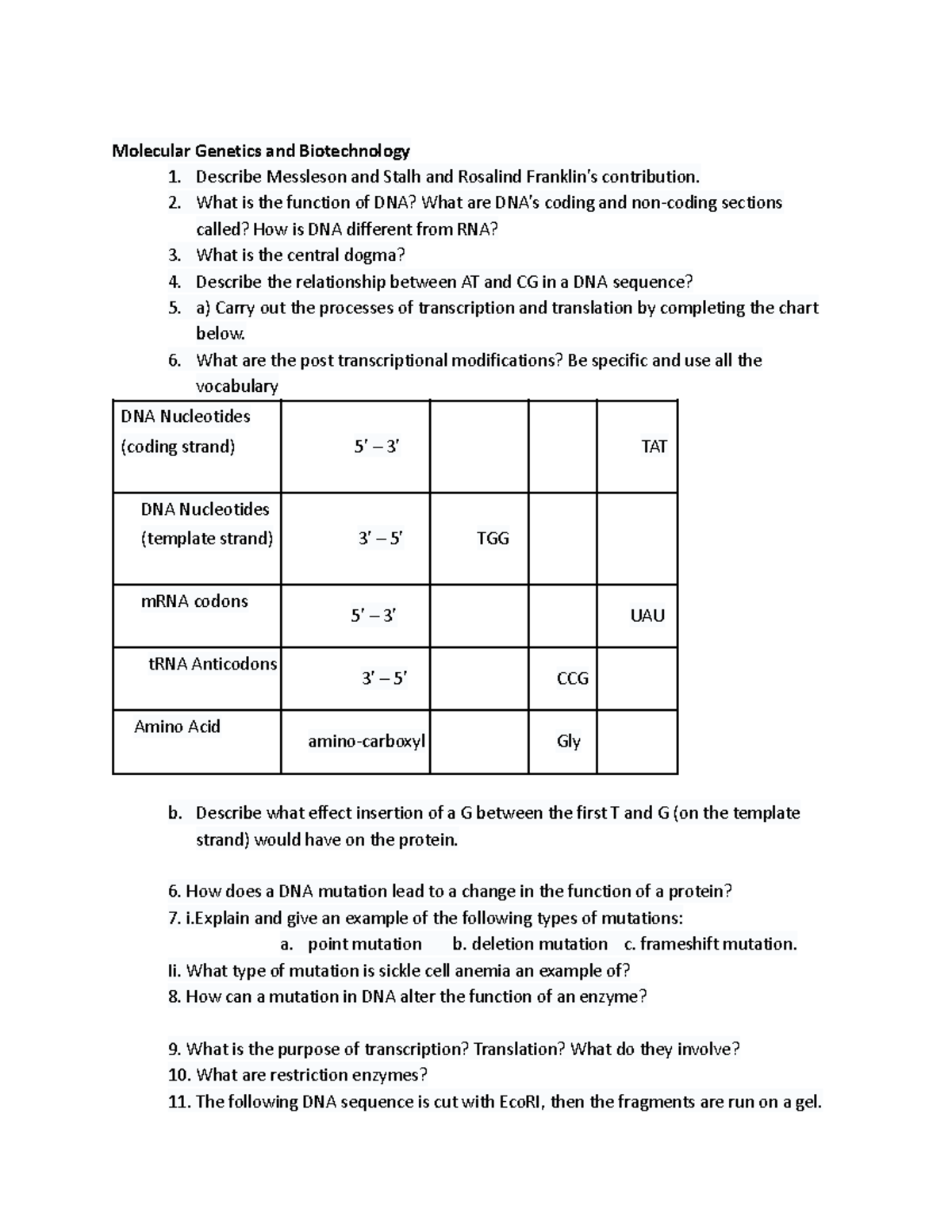 BIO 12 Final Exam - Molecular Genetics Questions & Concepts - Studocu