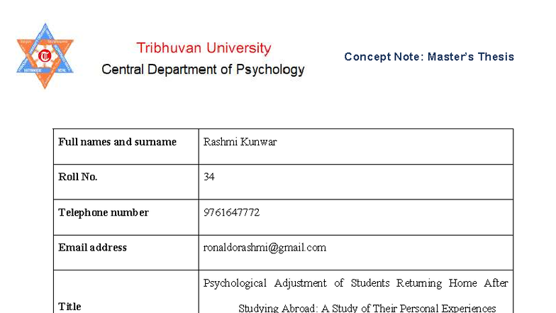 Concept Note: MA Thesis on Psychological Adjustment of Students Post ...
