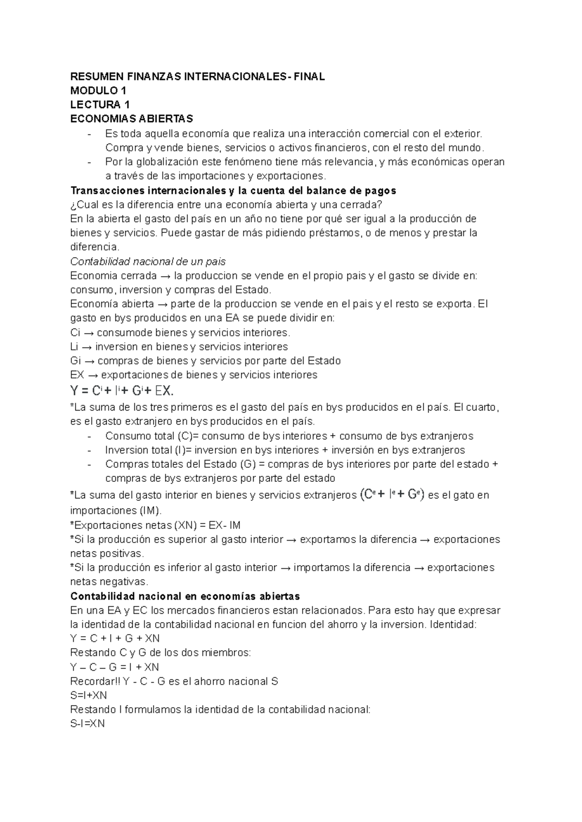 Resumen Finanzas Internacionales - Final Módulo 1: Economías Abiertas ...