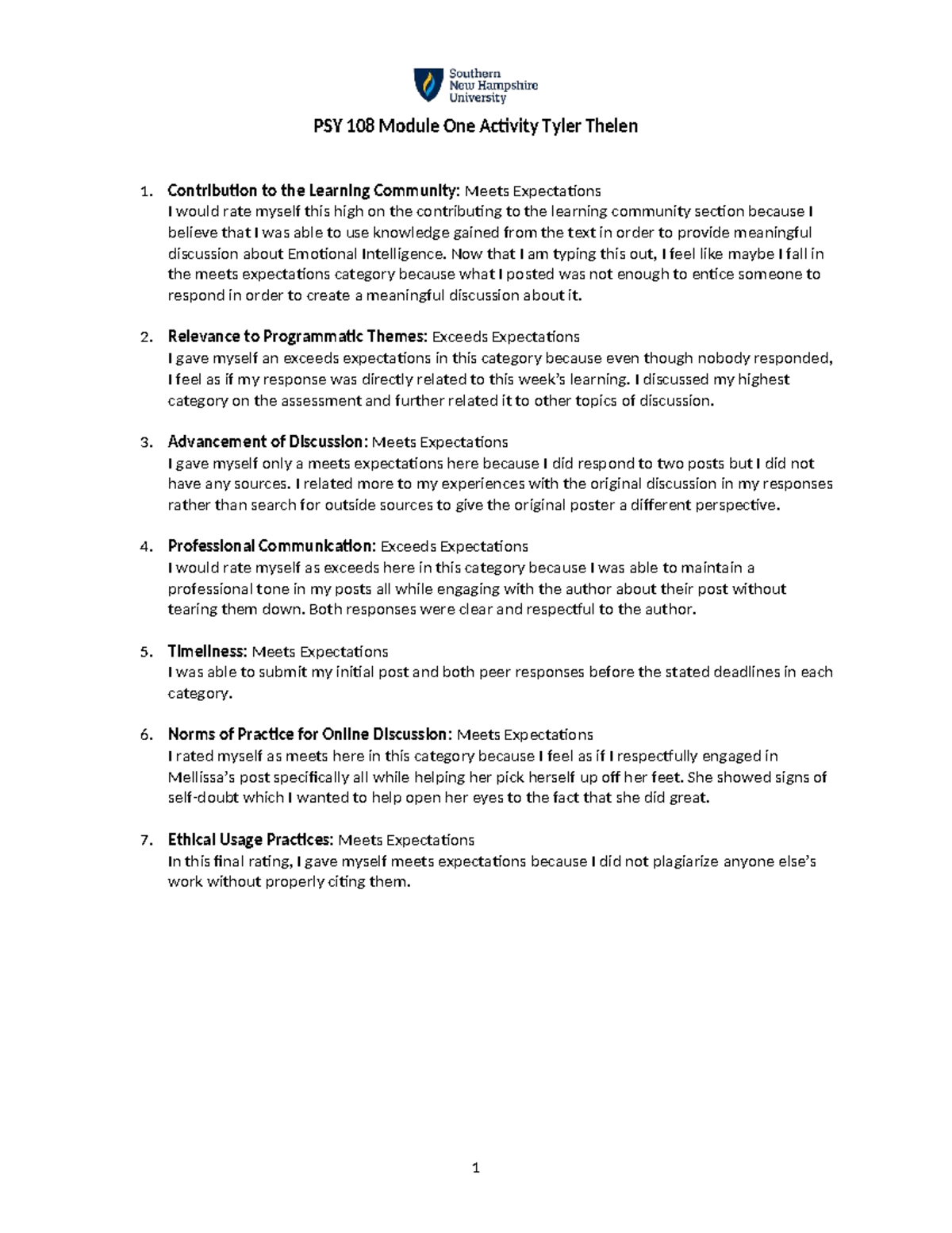PSY 108 Module One Activity Reflection and Self-Assessment - Studocu