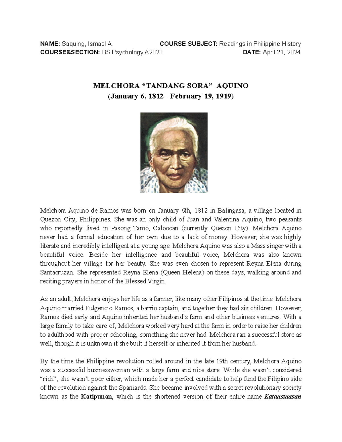 Melchora Aquino: A Biography of Tandang Sora in Philippine History (BS ...