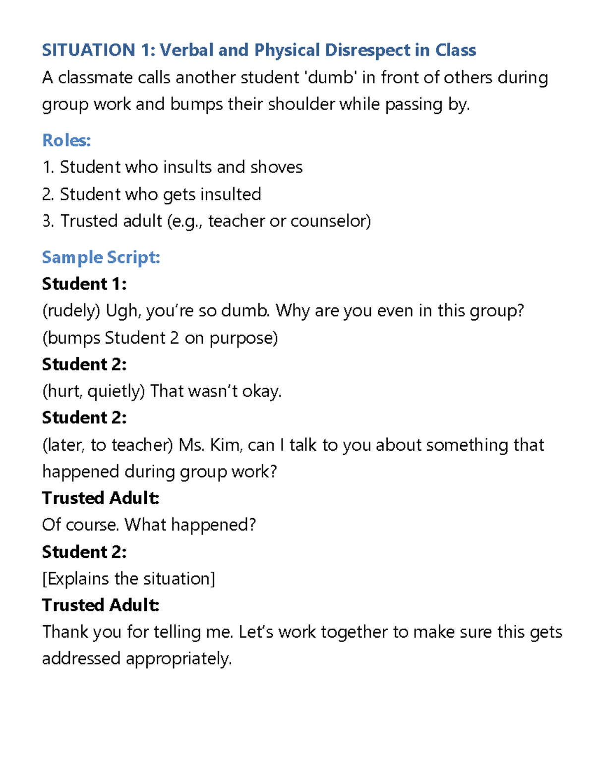 Scaled Up Scenarios and Scripts on Bullying: Reflection Activities ...