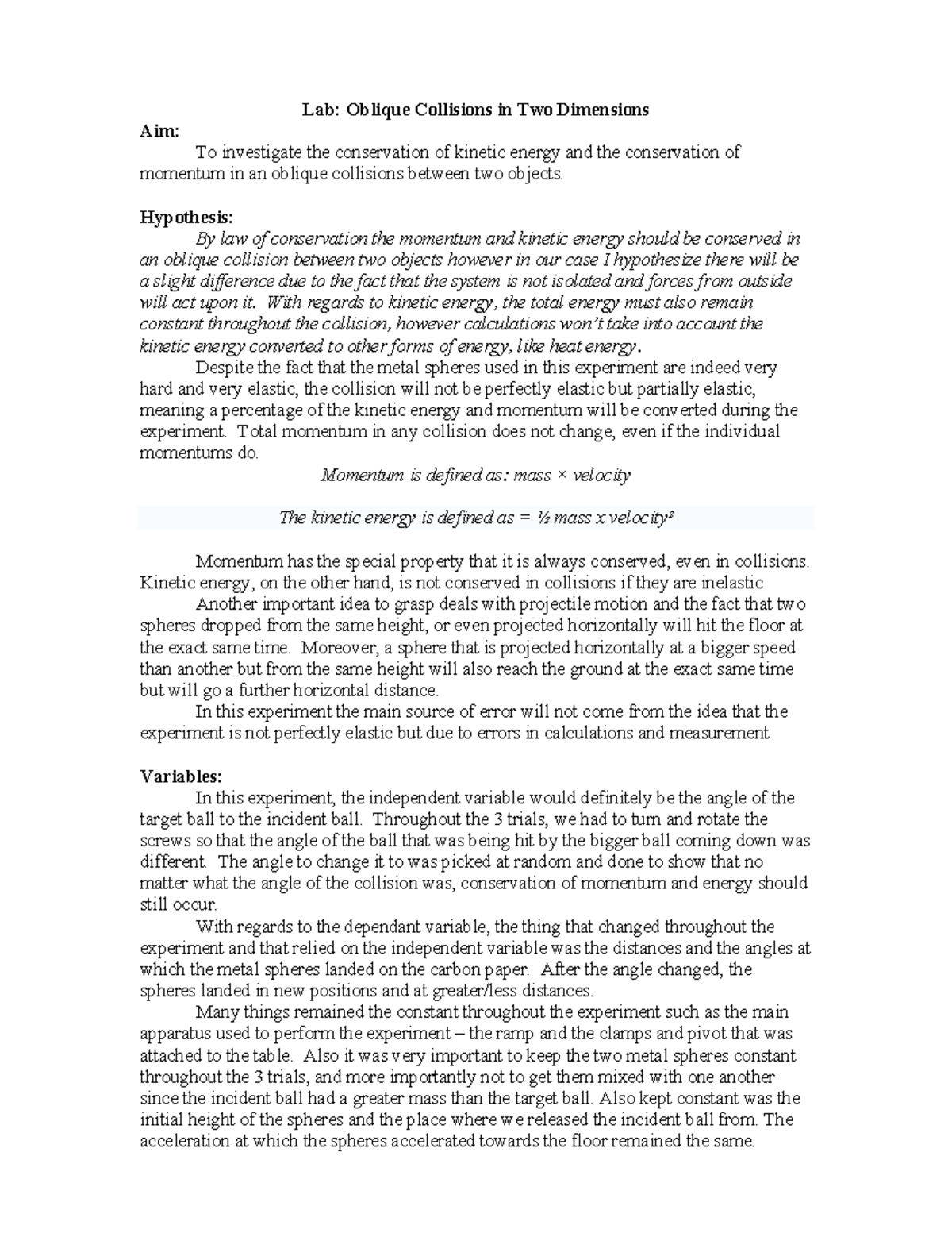 Lab Report: Oblique Collisions in 2D - Conservation of Energy ...