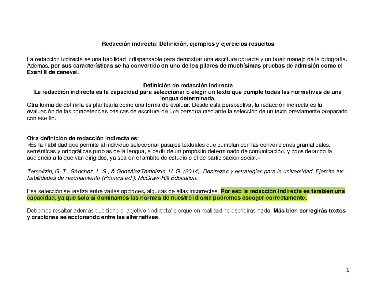 01 Redacción Indirecta: Definición, Ejemplos y Ejercicios Resueltos ...