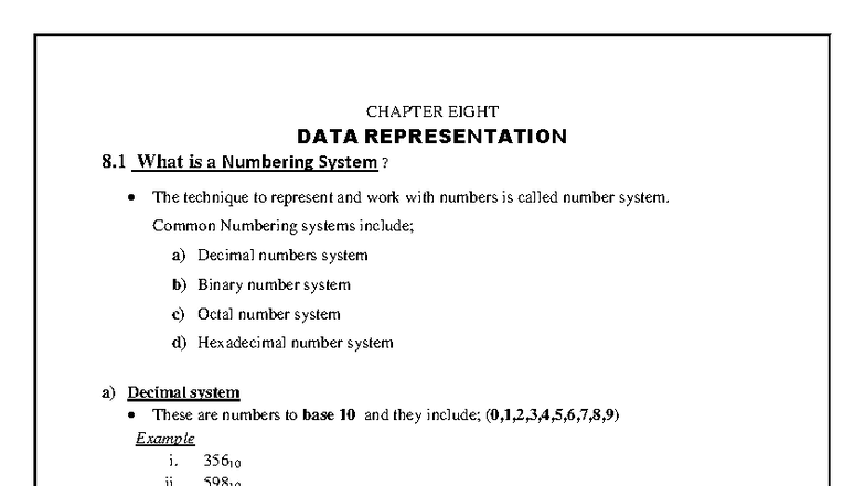 Lesson 8 DATA Representation - CHAPTER EIGHT DATA REPRESENTATION 8 What ...