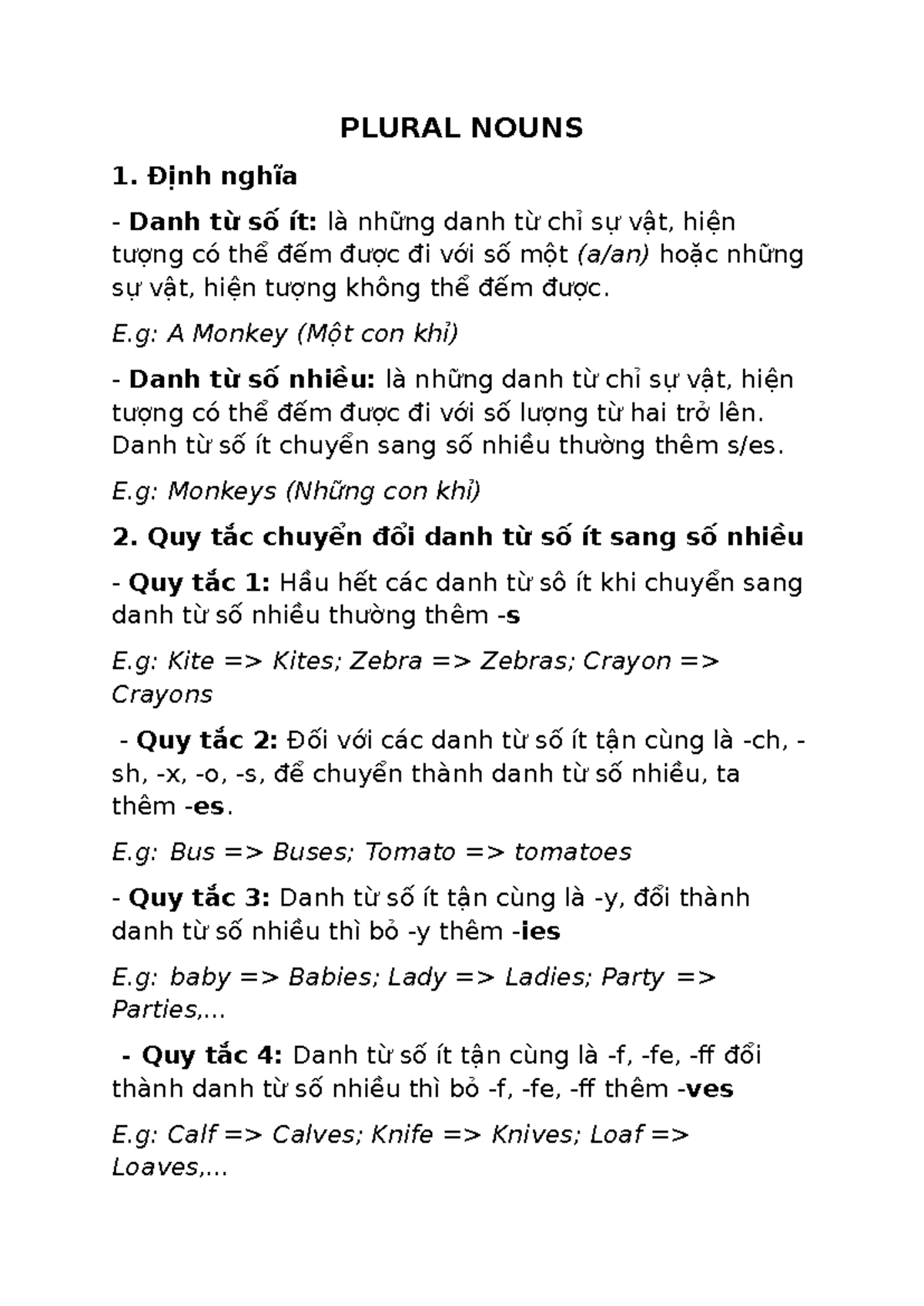 PLURAL NOUNS ĐA: Rules and Exercises for Singular to Plural Conversion ...