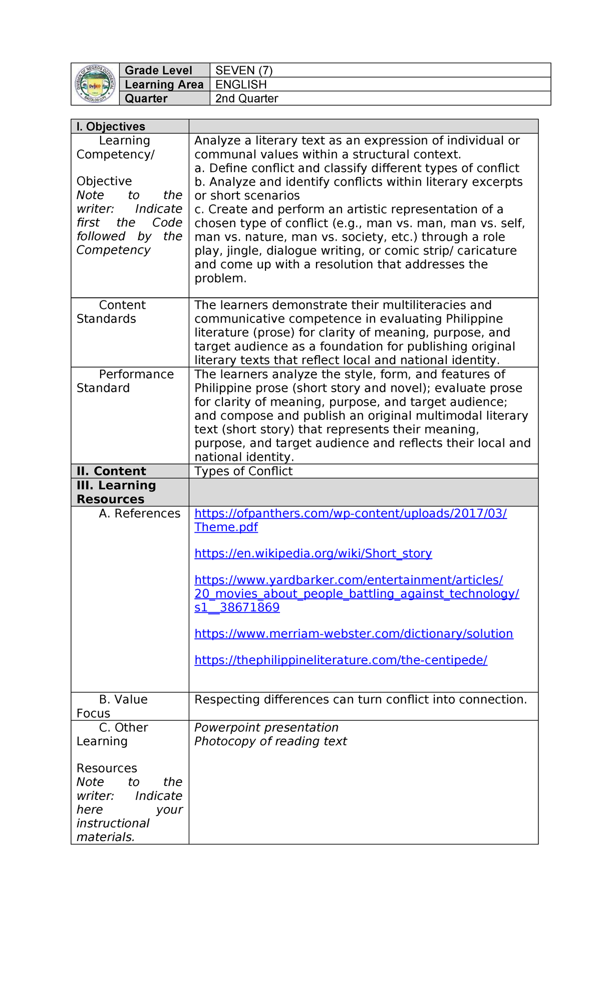 Grade 7 English Q2: Analyzing Conflicts in Literature - Studocu