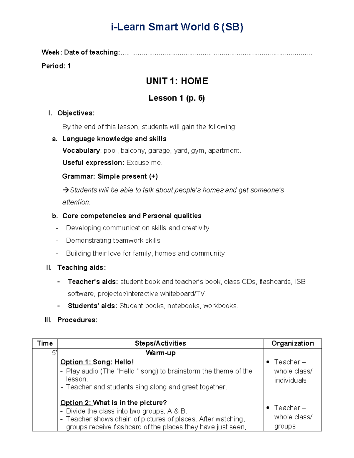 Tiếng Anh 6 Smart World - Unit 1: Home - Lesson Plans & Activities ...