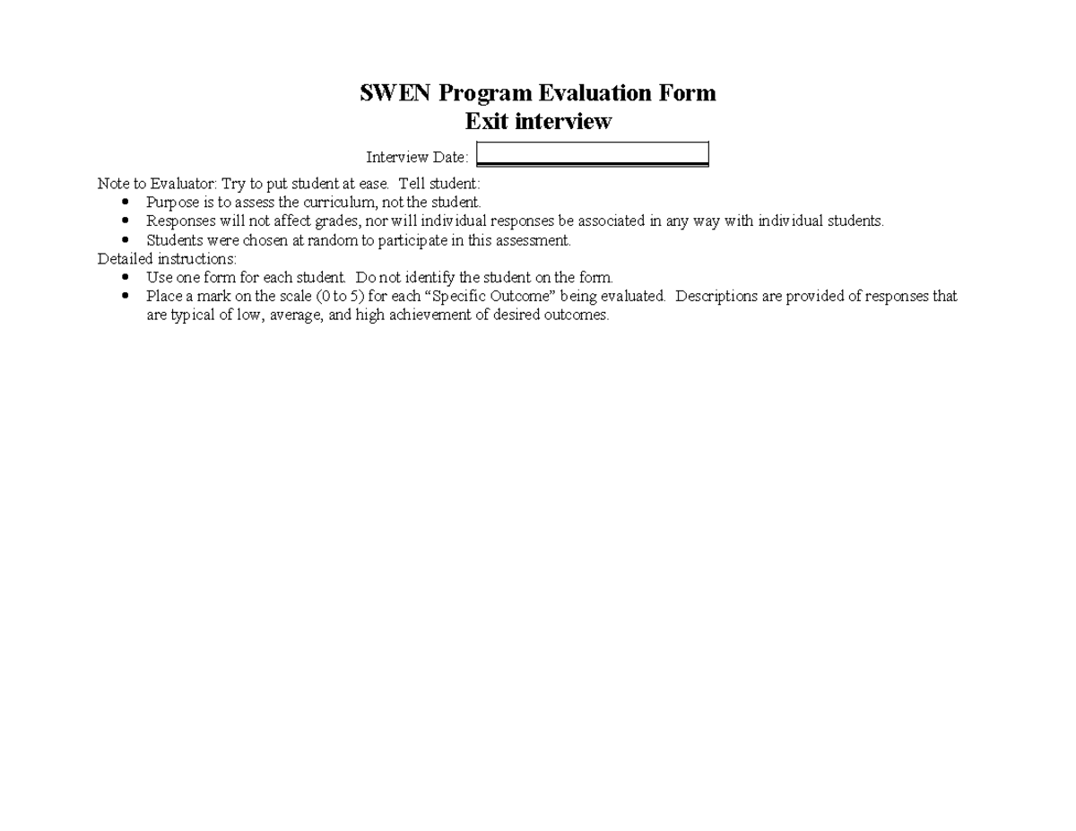 Swen 101 exit interview program evaluation form and guidelines - Studocu