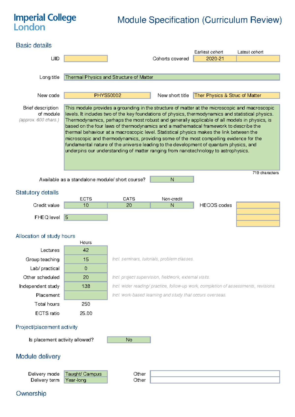 PHYS50002-2020-21 - Specification of the Module - Module Specification ...