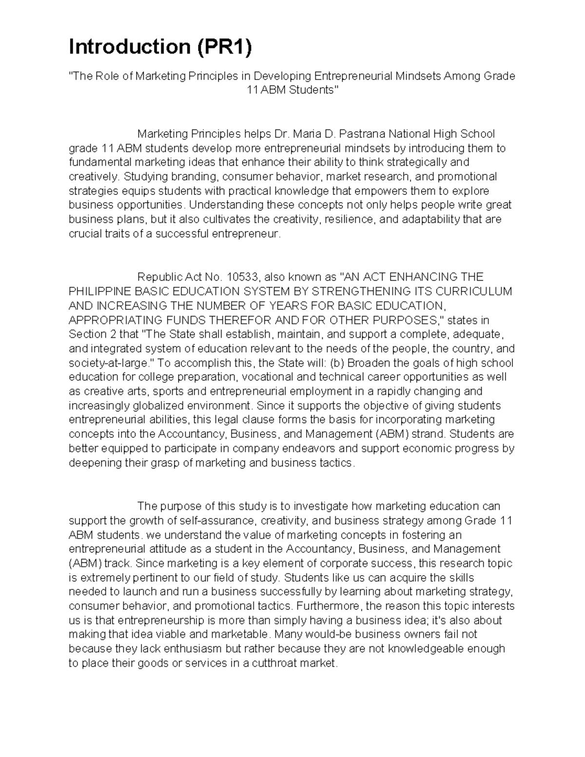 The Role of Marketing Principles Introduction - Introduction (PR1) "The ...