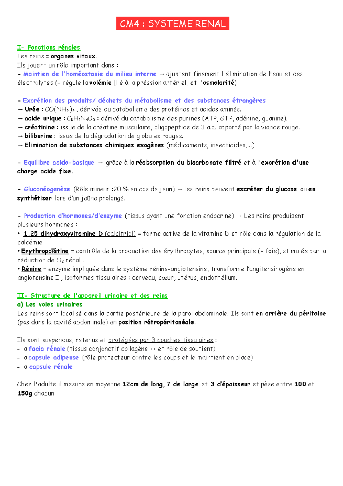 Système rénal - CM4 : SYSTEME RENAL I- Fonctions rénales Les reins ...