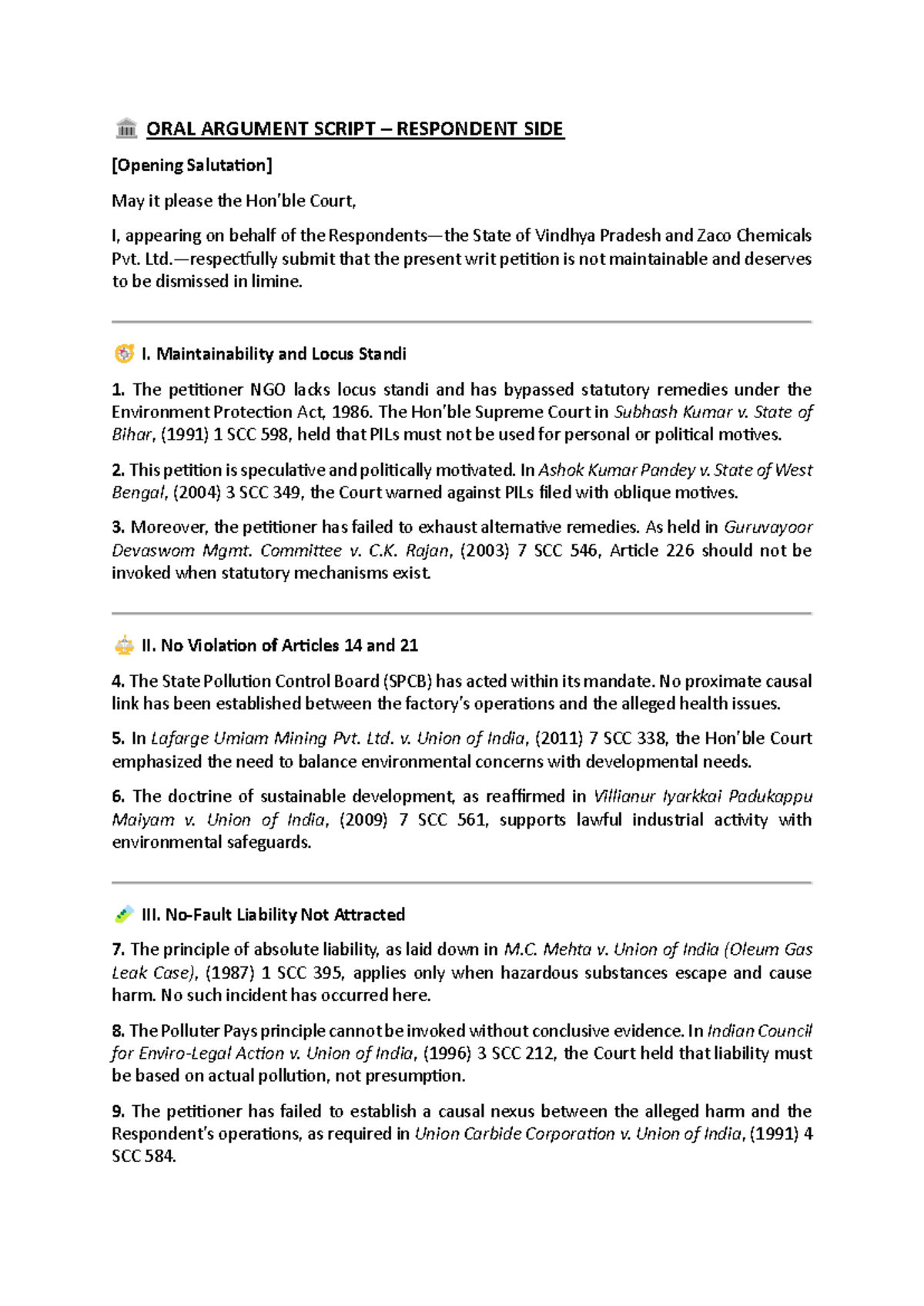 ORAL ARGUMENT SCRIPT - RESPONDENT SIDE (COURT CASE: SPARTA GREEN ...