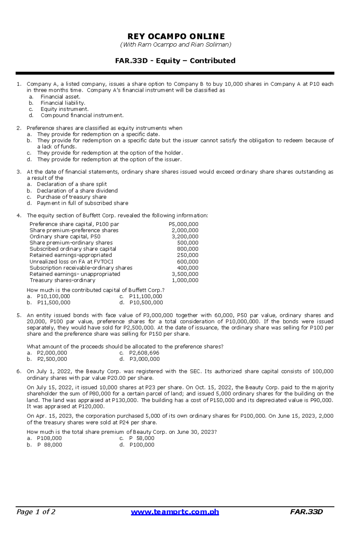 FAR.33D Equity Instruments and Share Capital Test Bank - Studocu