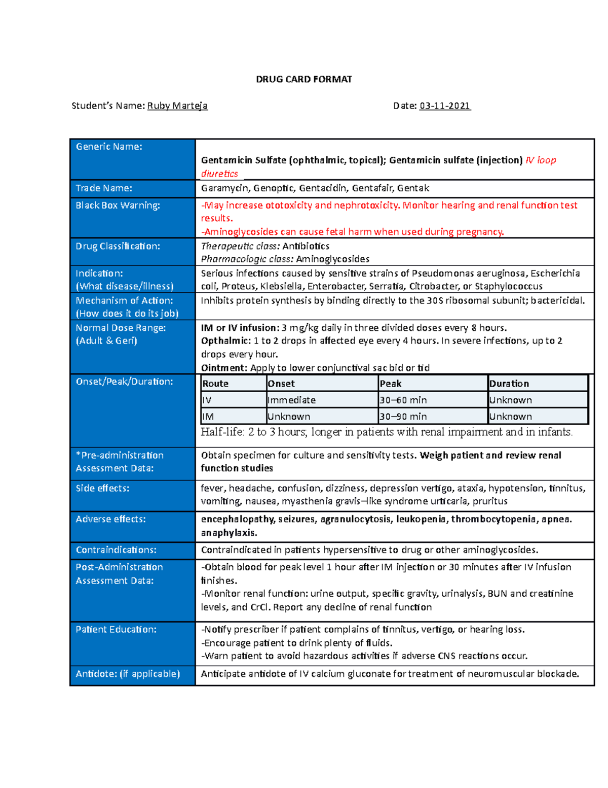 Gentamicin Drug Card: Key Details & Administration Guidelines - Studocu